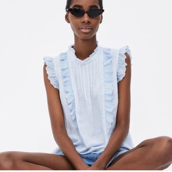 Zara | Tops | Zara Blue Summer Ruffle Sleeve Top | Poshmark